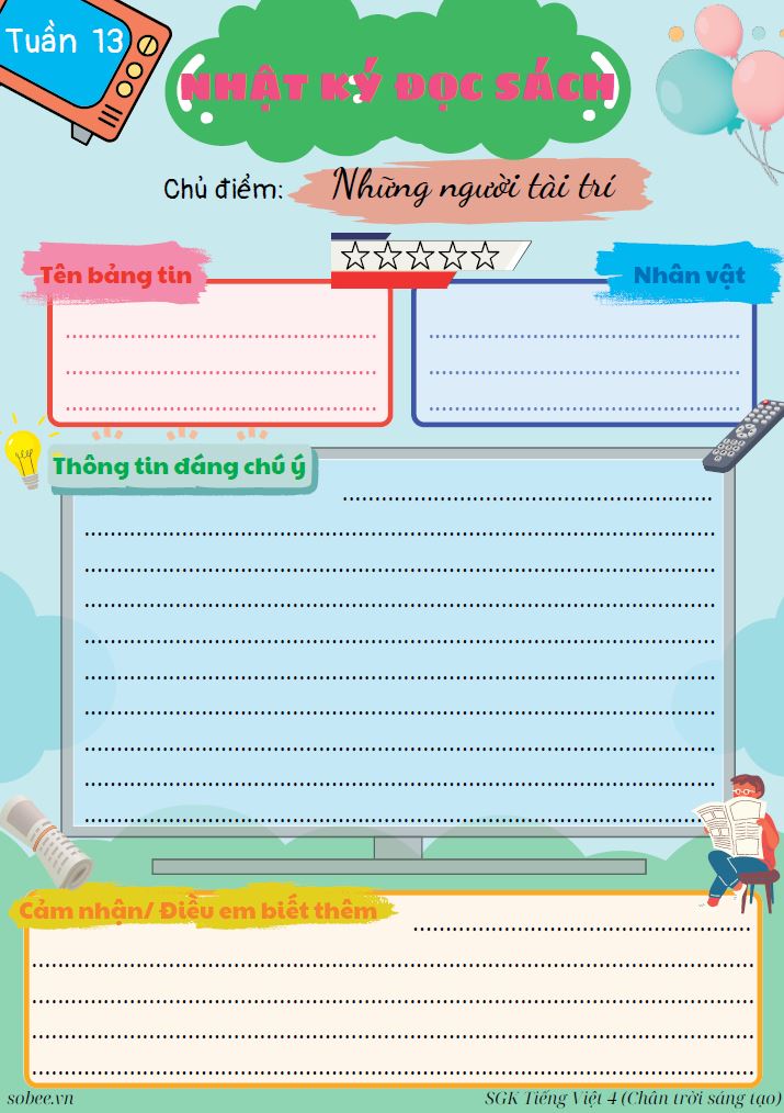 Nhật kí đọc sách (Thiết kế theo SGK Tiếng Việt 4, CTST): Tuần 13 - Sách ...